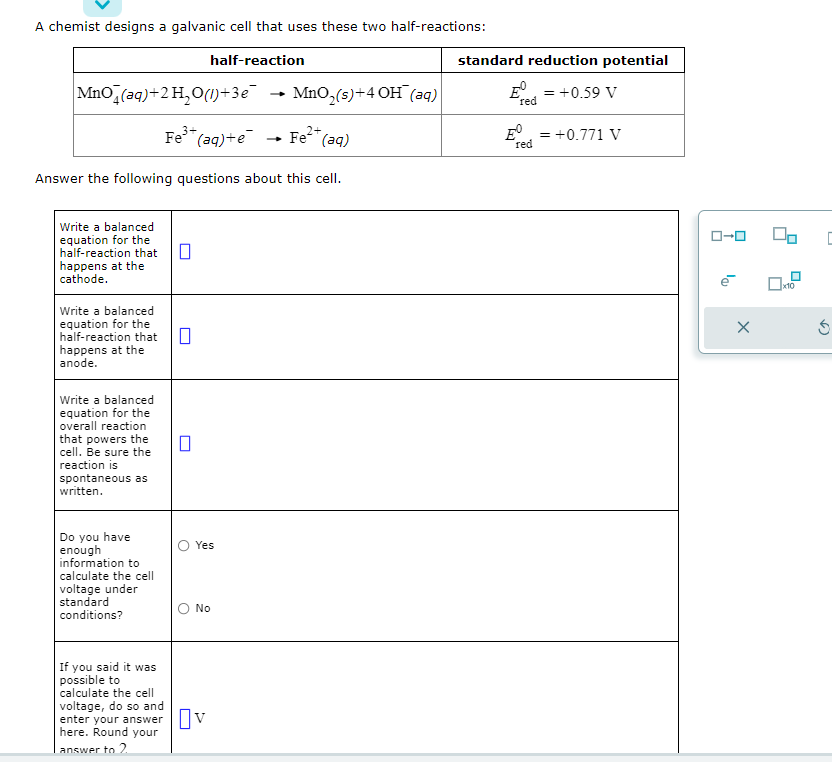 Solved A chemist designs a galvanic cell that uses these two | Chegg.com