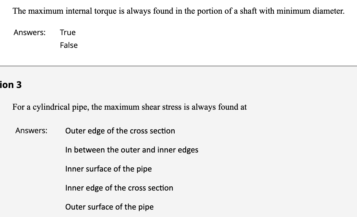 Solved The maximum internal torque is always found in the | Chegg.com