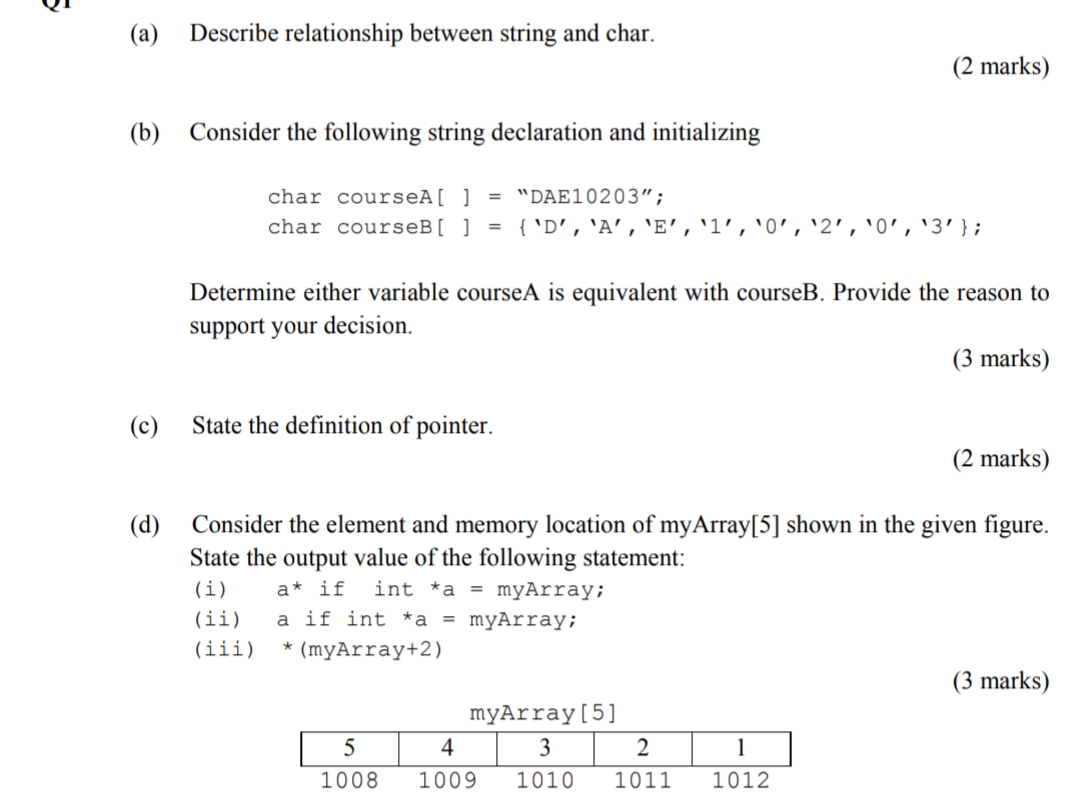 Solved QI (a) Describe relationship between string and char. | Chegg.com