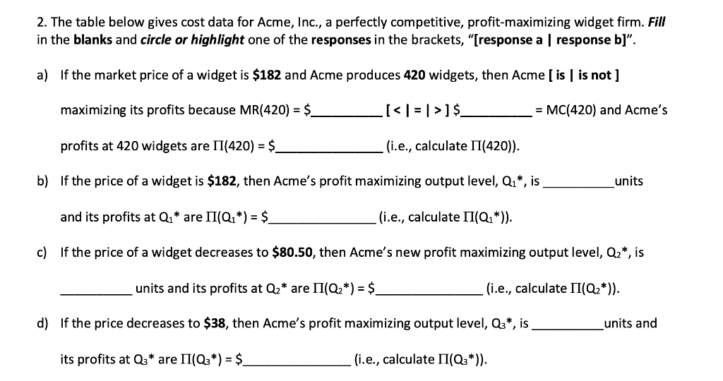 Solved 2. The table below gives cost data for Acme, Inc., a | Chegg.com