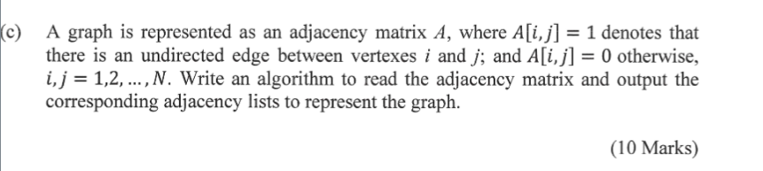 Solved (C) A graph is represented as an adjacency matrix A, | Chegg.com