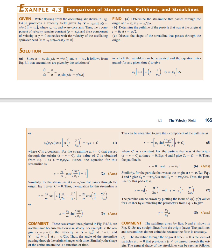Solved EXAMPLE 4.3 Comparison of Streamlines, Pathlines, and | Chegg.com