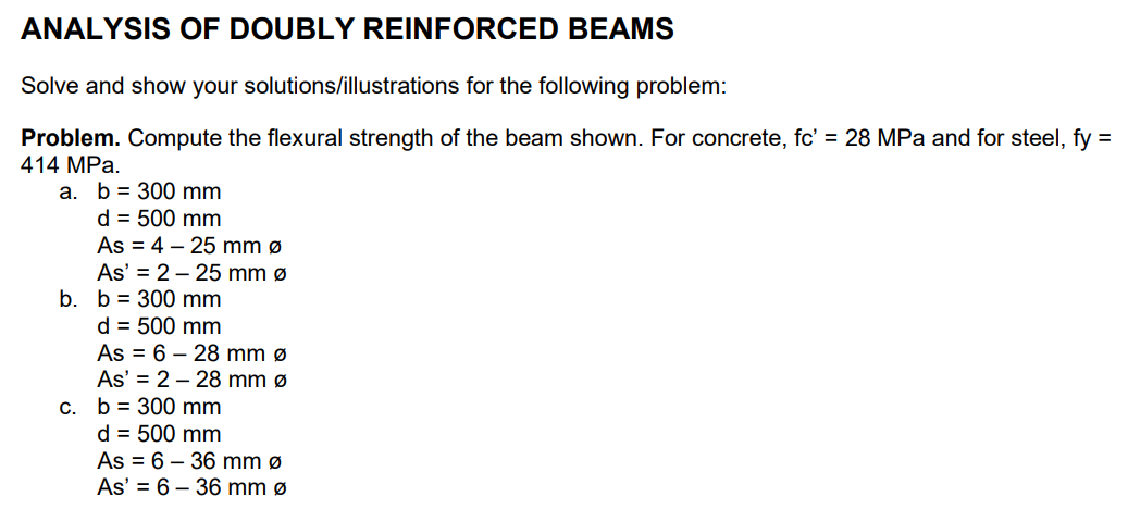 Solved ANALYSIS OF DOUBLY REINFORCED BEAMS Solve and show | Chegg.com
