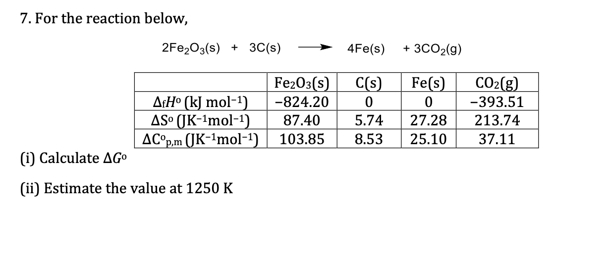 Solved 7. For the reaction below, 2Fe2O3(s) + 3C(s) 4Fe(s) + | Chegg.com