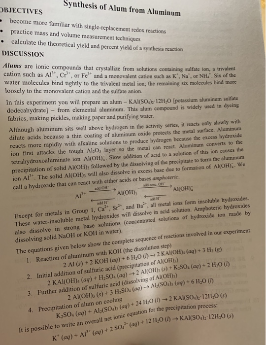 Solved CHMISILL: SYNTHESIS OF ALUM FROM ALUMINUM ame Score | Chegg.com
