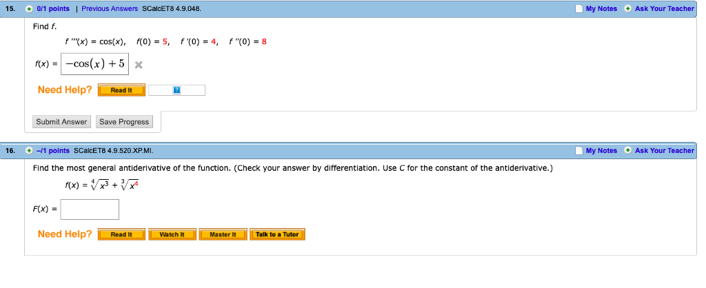 Solved 15. 0/1 points | Previous Answers SCalcET8 4.9.048 My | Chegg.com