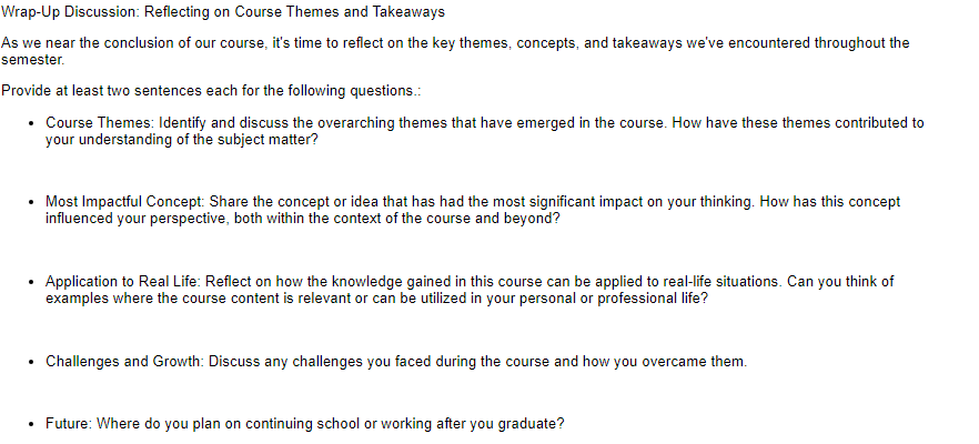 Solved Wrap-Up Discussion: Reflecting on Course Themes and | Chegg.com