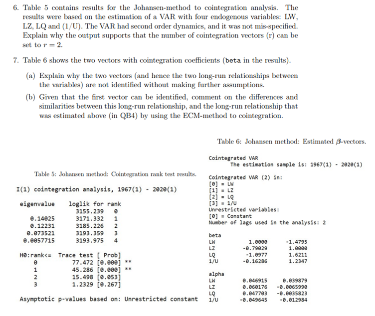 Solved Table 5 ﻿contains results for the Johansen-method to | Chegg.com
