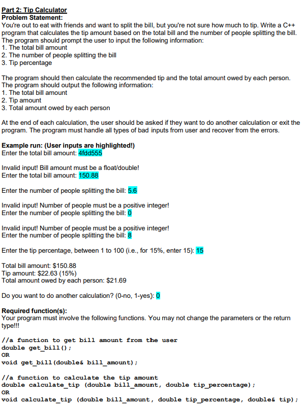 Solved Part 2: Tip Calculator Problem Statement: You're out | Chegg.com