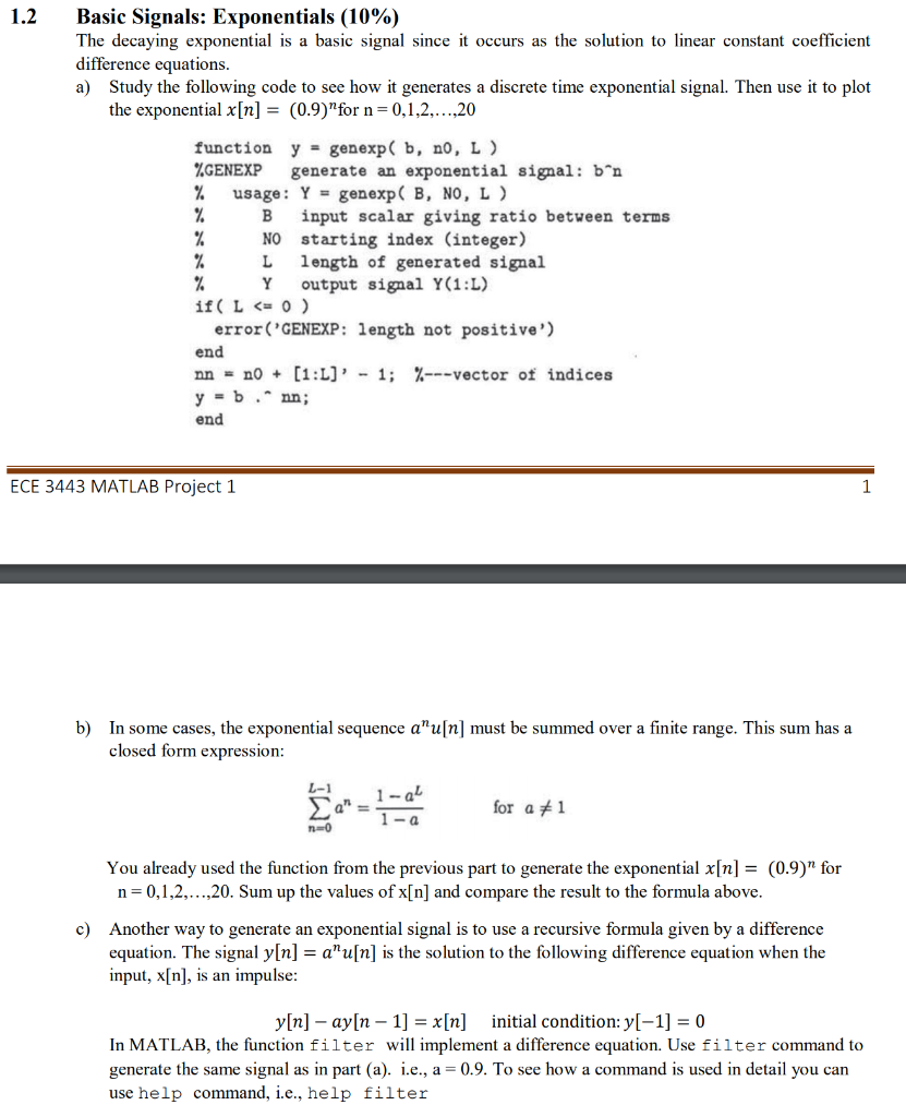 Solved 1.2 Basic Signals: Exponentials (10%) The decaying | Chegg.com