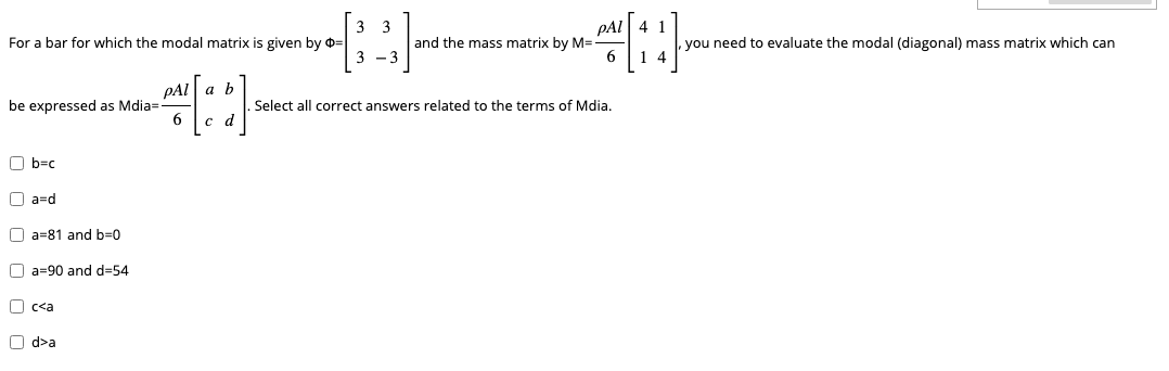 Solved For a bar for which the modal matrix is given by | Chegg.com