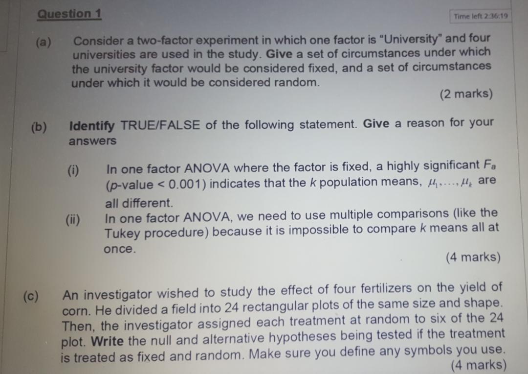 Solved (a) Consider a two-factor experiment in which one | Chegg.com