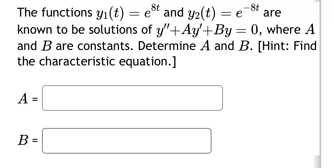 Solved The functions y1(t)=e8t ﻿and y2(t)=e-8t ﻿areknown to | Chegg.com