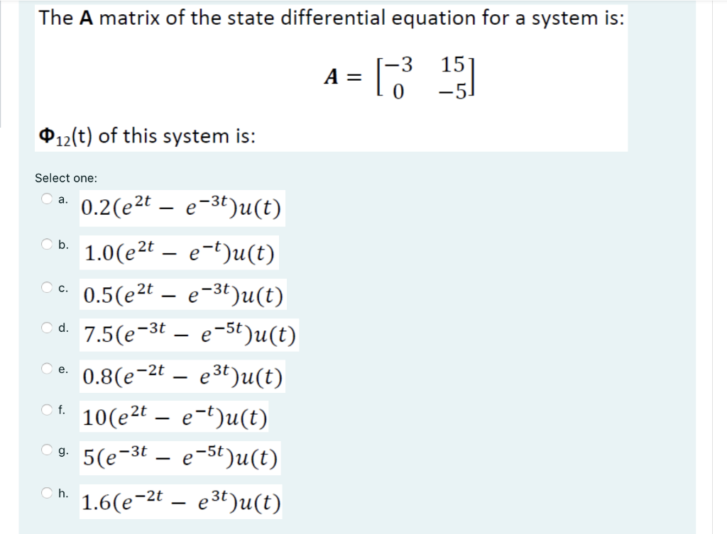 Solved The A matrix of the state differential equation for a | Chegg.com