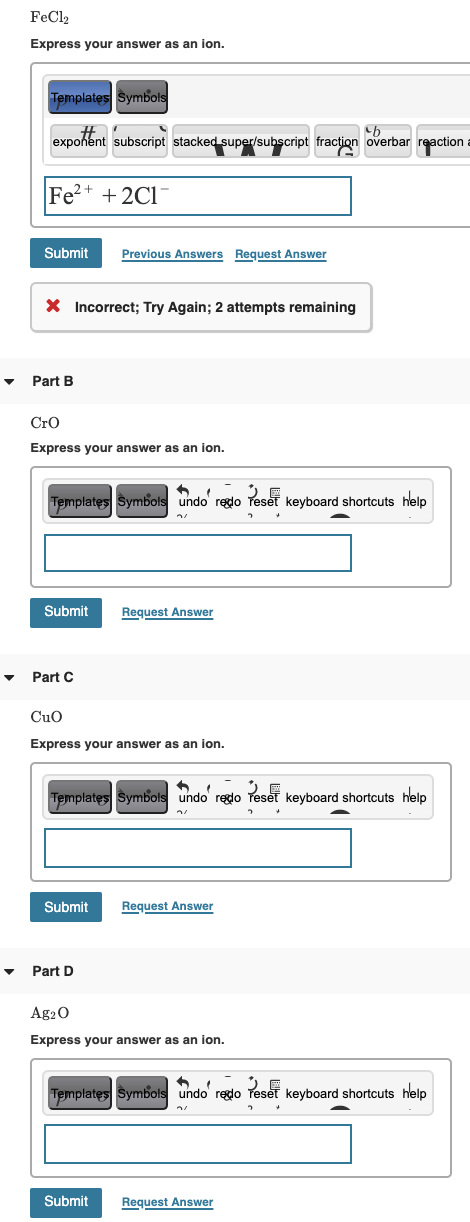 Solved FeCl, Express your answer as an ion. Templates | Chegg.com