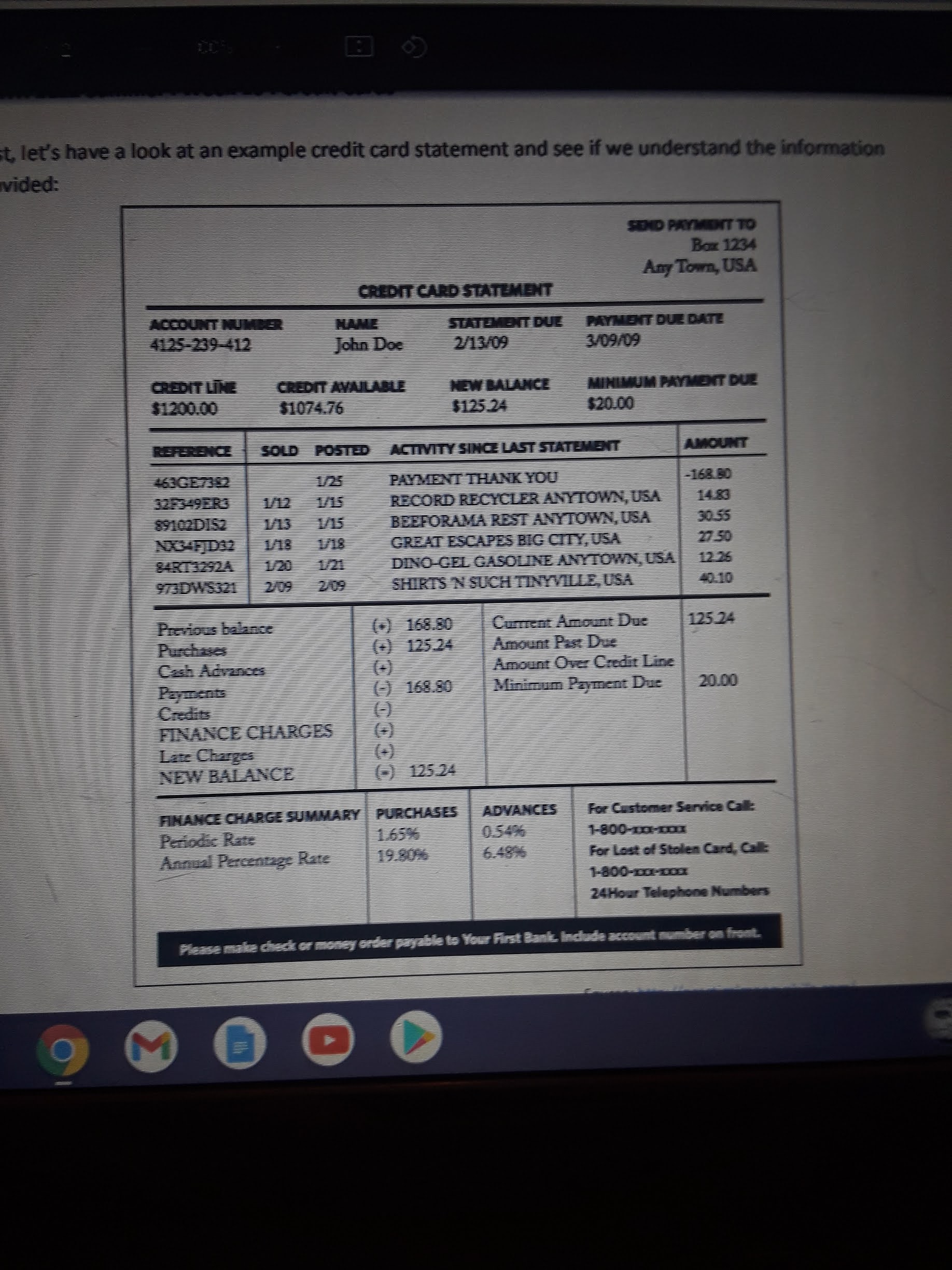 Solved 1) Use the example credit card statement above to | Chegg.com