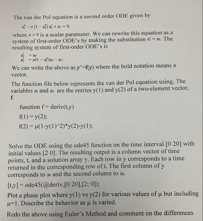 Solved The van der Pol equation is a second order ODE given | Chegg.com