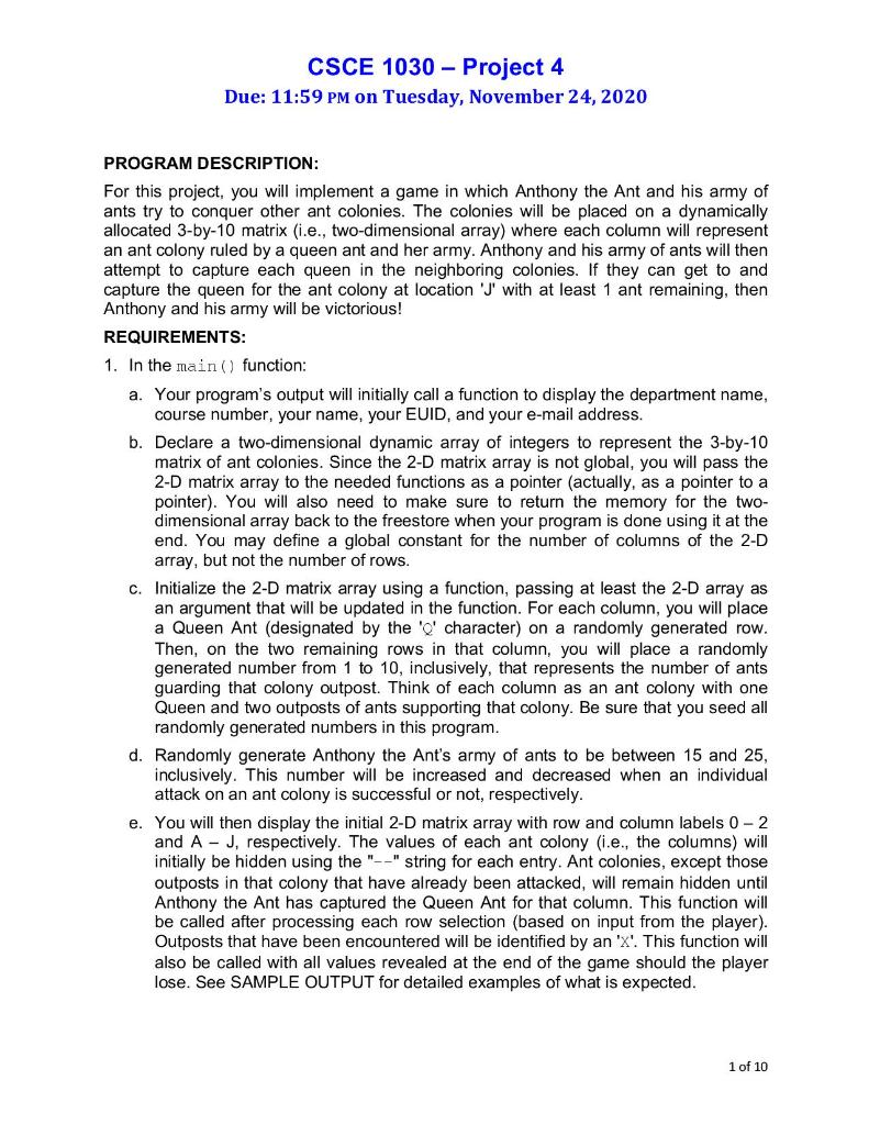 CSCE 1030 - Project 4 Due: 11:59 PM on Tuesday, | Chegg.com