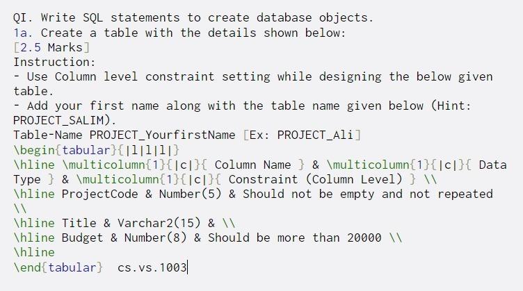 Solved QI. Write SQL statements to create database objects. | Chegg.com
