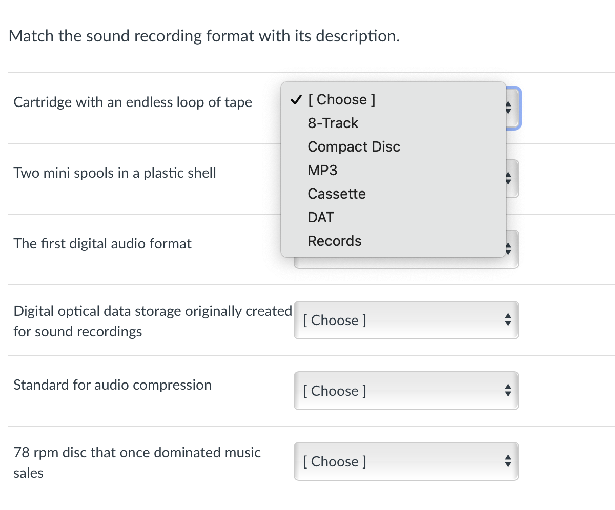 Solved Match the sound recording format with its | Chegg.com