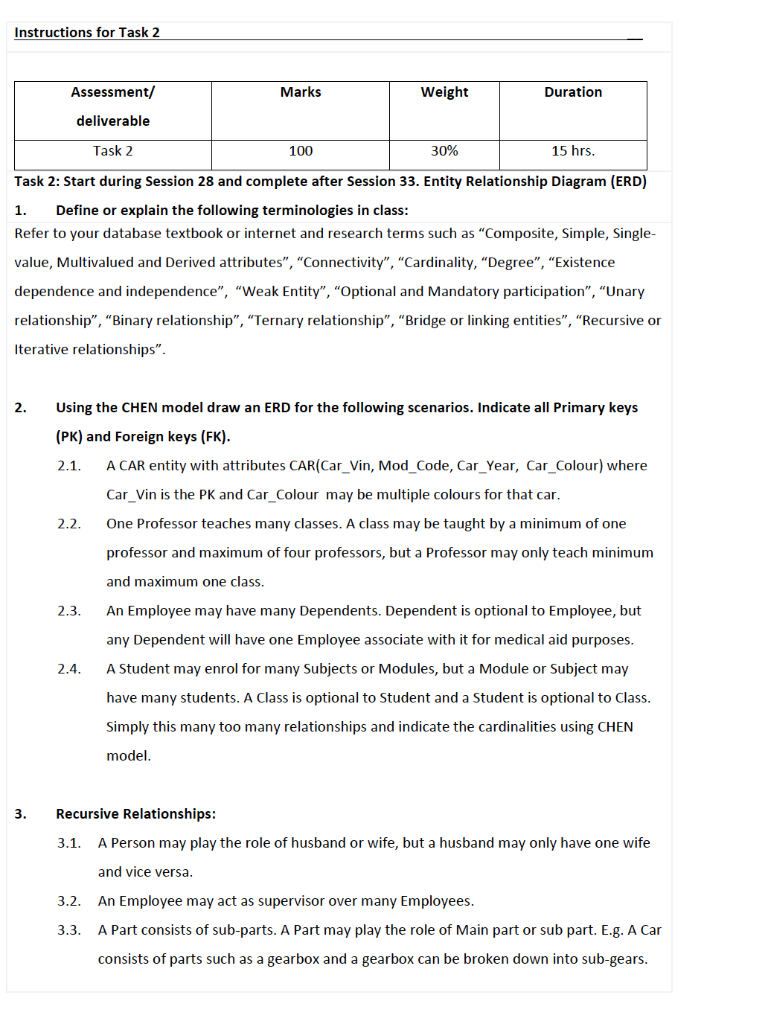 Solved Instructions for Task 2 Marks Weight Duration | Chegg.com