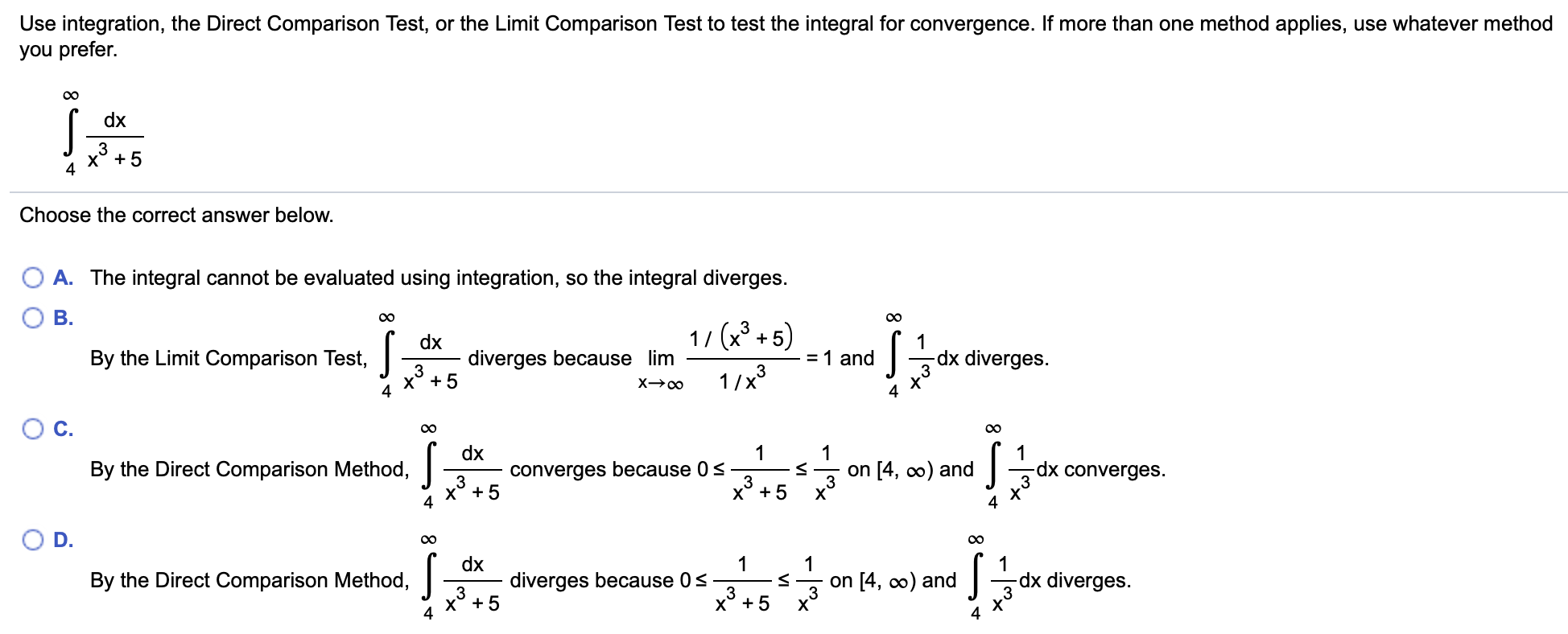 Solved Use integration, the Direct Comparison Test, or the | Chegg.com