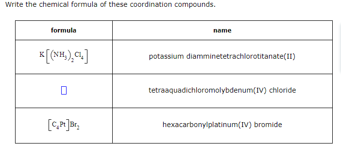 Solved Write the chemical formula of these coordination | Chegg.com