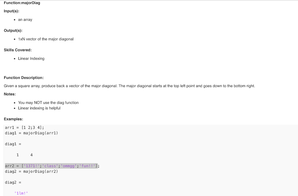 Solved Functionmajordiag Inputs An Array Outputs 