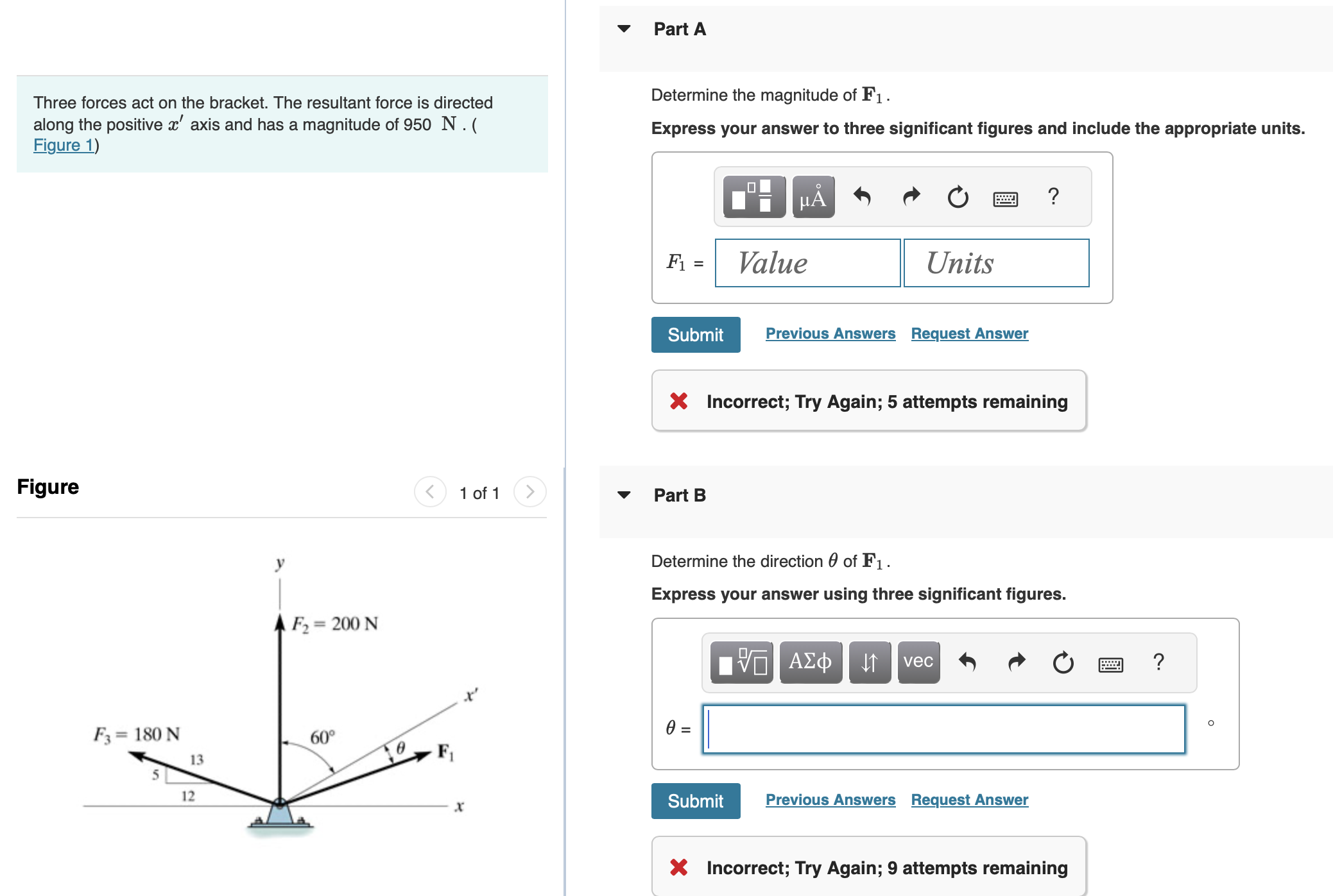 Solved Part AThree forces act on the bracket. The resultant | Chegg.com