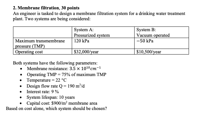 Solved 2. Membrane filtration, 30 points An engineer is | Chegg.com