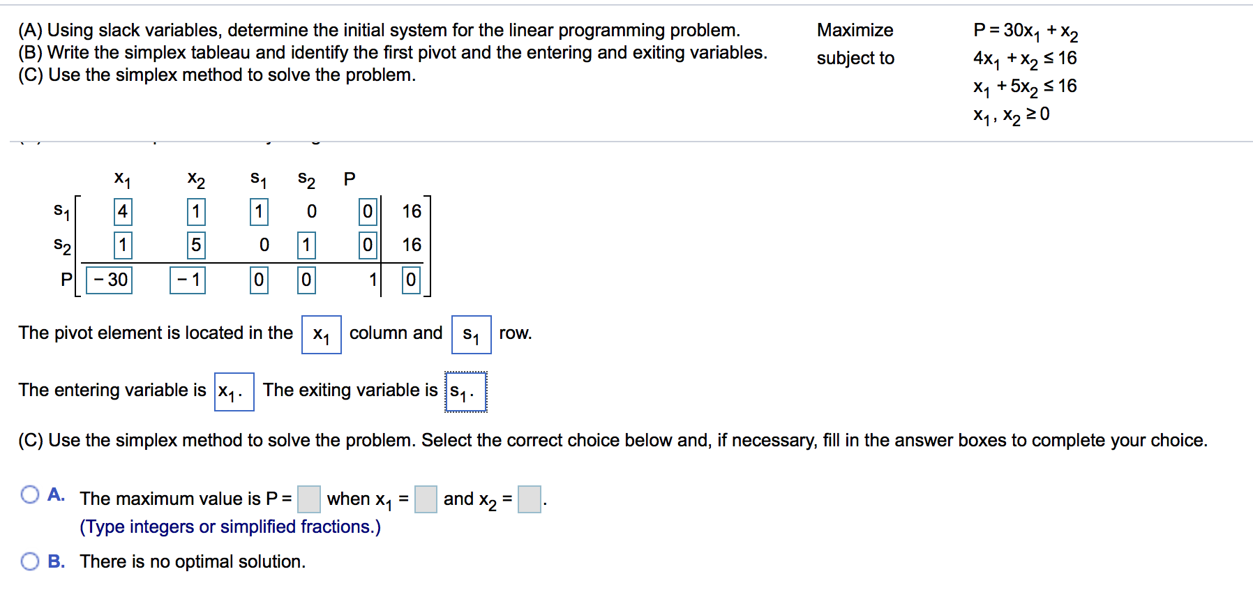 Solved P= 30x1 + x2 (A) Using slack variables, determine the | Chegg.com