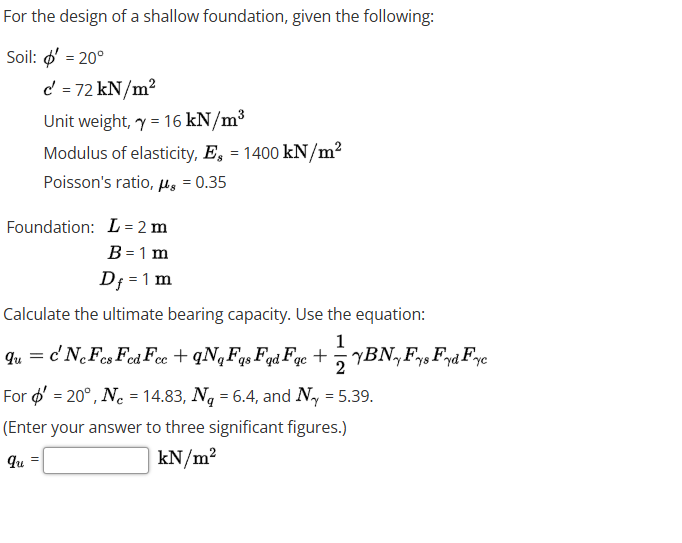 Solved For the design of ﻿a shallow foundation, given the | Chegg.com