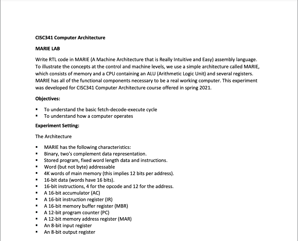 Solved CISC341 Computer Architecture MARIE LAB Write RTL | Chegg.com