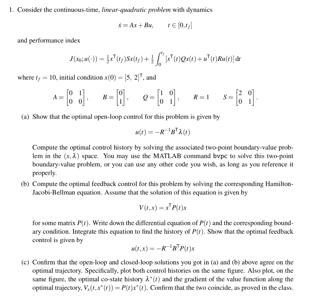 1 Consider The Continuous Time Linear Quadratic
