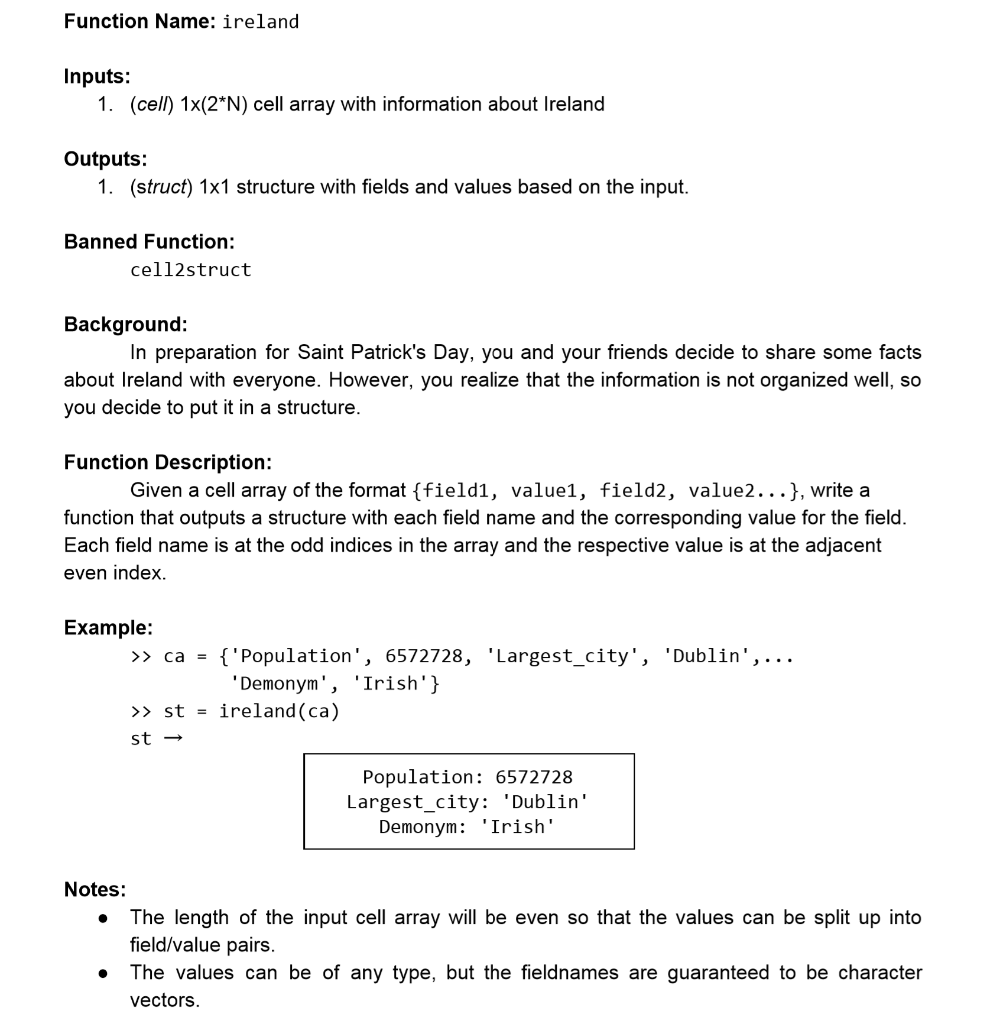 Solved Function Name: ireland Inputs: 1. (ce/l) 1x(2*N) cell | Chegg.com