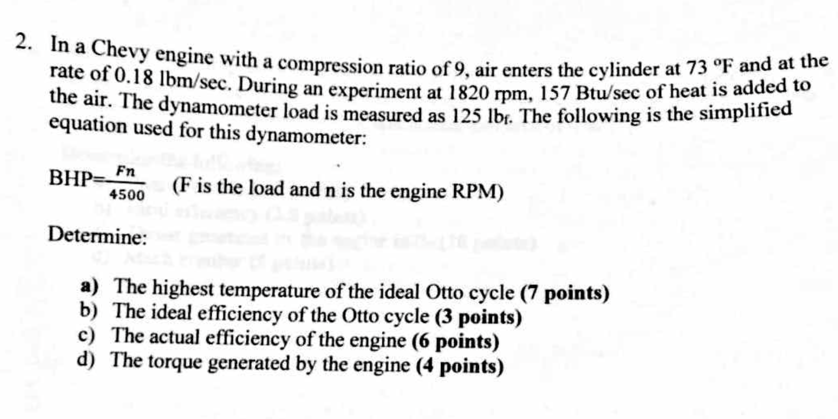 Solved 2. In a Chevy engine with a compression ratio of 9 , | Chegg.com