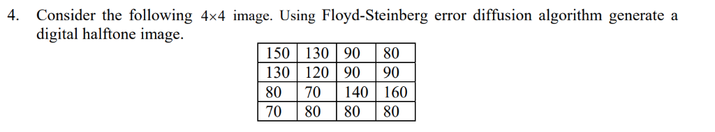 (Solved) : 4 Consider Following 4×4 Image Using Floyd Steinberg Error ... (Solved) : 4 Consider Following 4×4 Image Using Floyd Steinberg Error ...