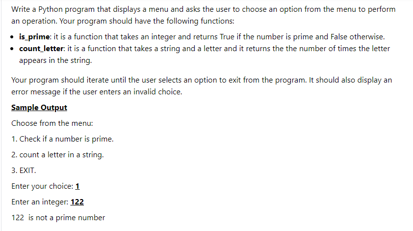 Solved Write a Python program that displays a menu and asks | Chegg.com
