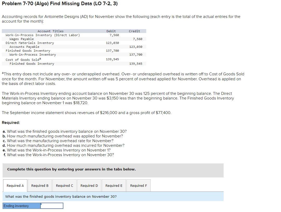 Problem 7-70 (Algo) Find Missing Data (LO 7-2, 3) | Chegg.com