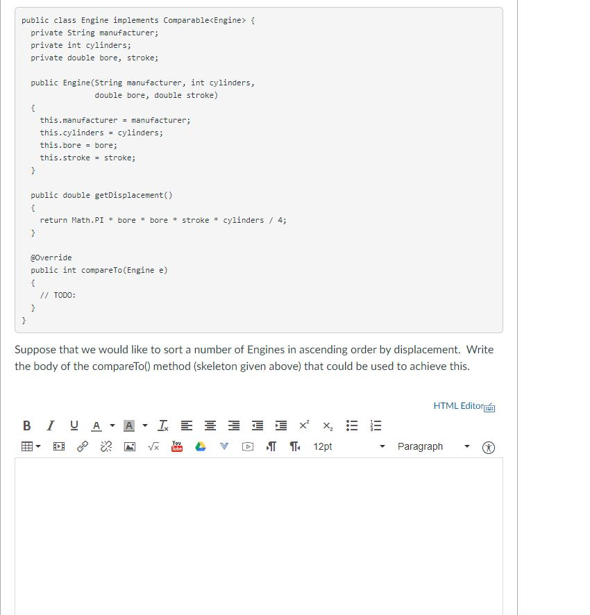 Solved public class Engine implements Comparable { private | Chegg.com