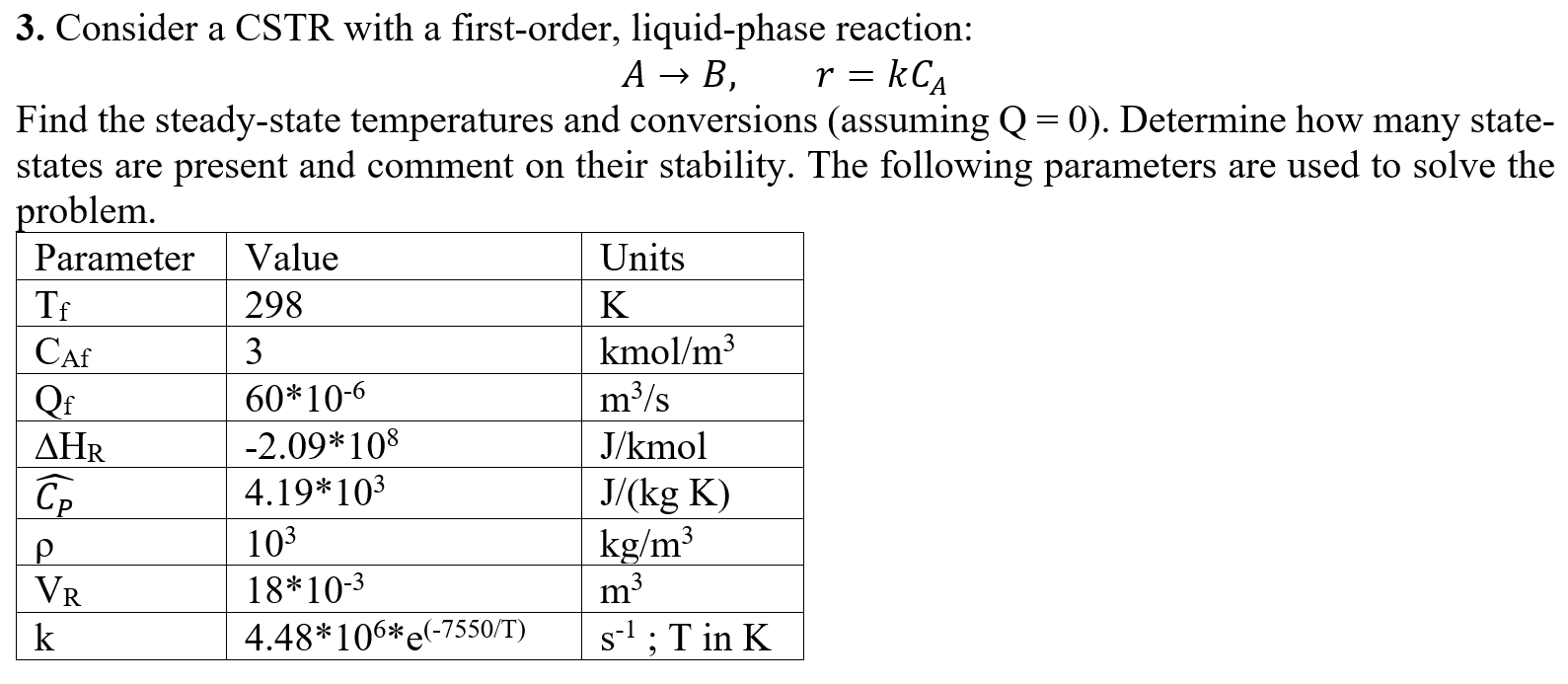 Solved | Tf 3. Consider a CSTR with a first-order, | Chegg.com