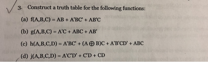 Solved Construct a truth table for the following functions: | Chegg.com