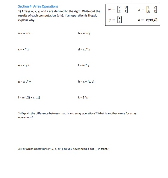 Solved Section 4: Array Operations 1) Arrays w,x,y, and z | Chegg.com
