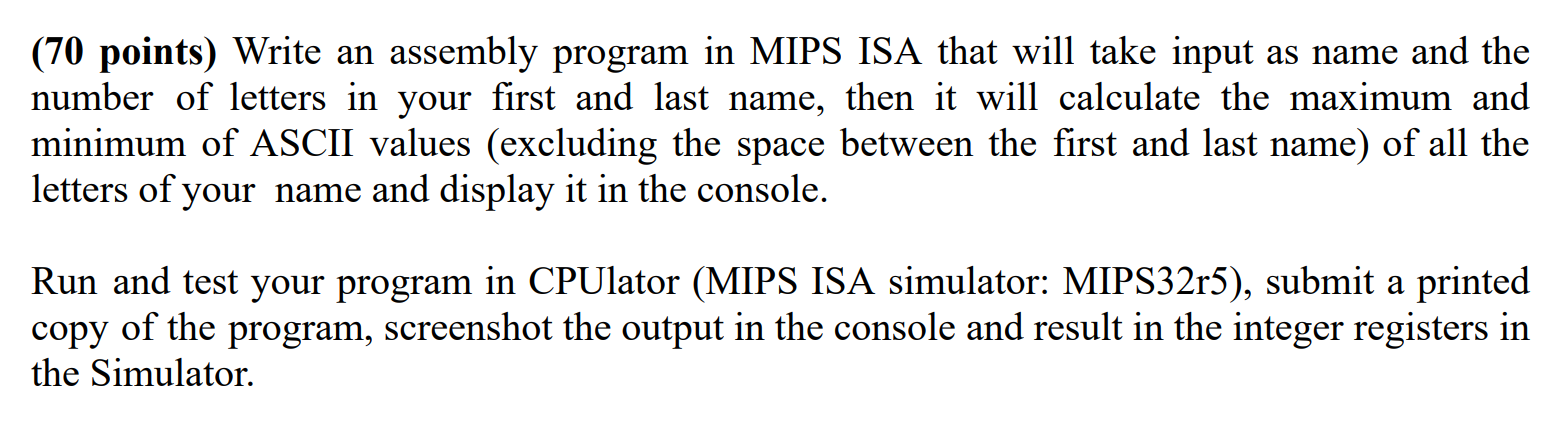Solved 70 Points Write An Assembly Program In Mips Isa 