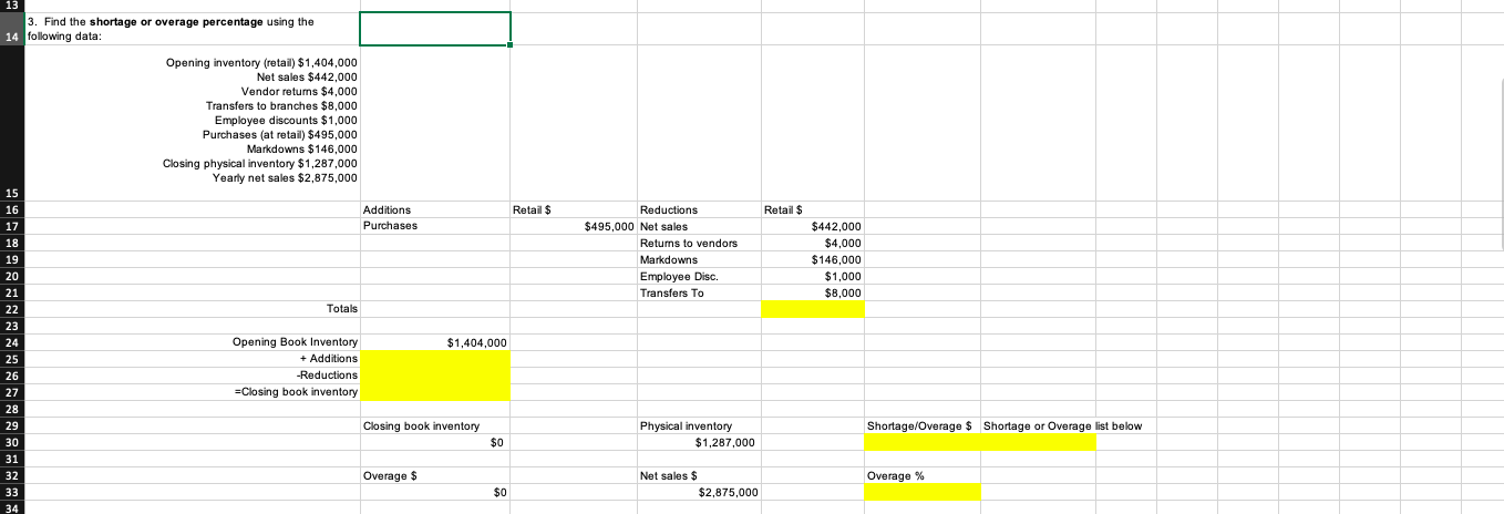Solved 13 3. Find the shortage or overage percentage using | Chegg.com