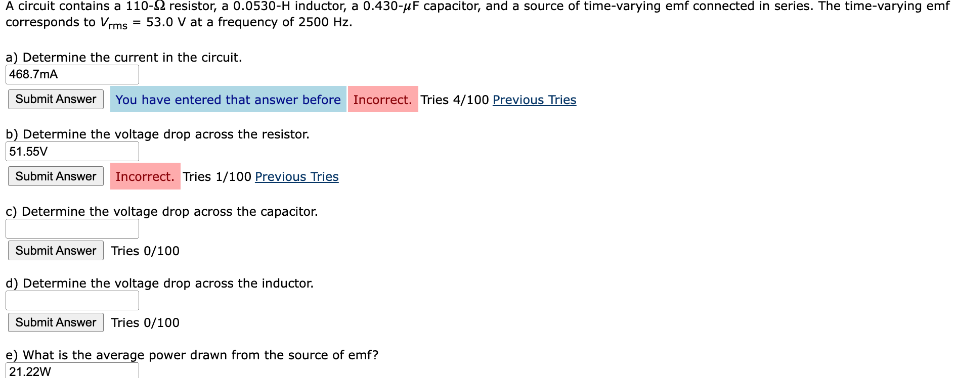 Solved A circuit contains a 110−Ω resistor, a 0.0530−H | Chegg.com