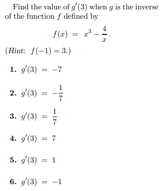 Solved Find the value of g′(3) when g is the inverse of the | Chegg.com