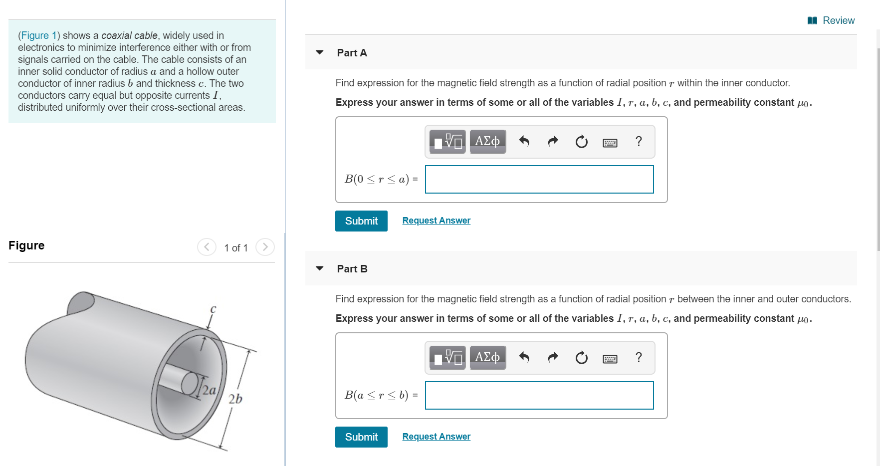 Solved A Review Part A (Figure 1) shows a coaxial cable, | Chegg.com