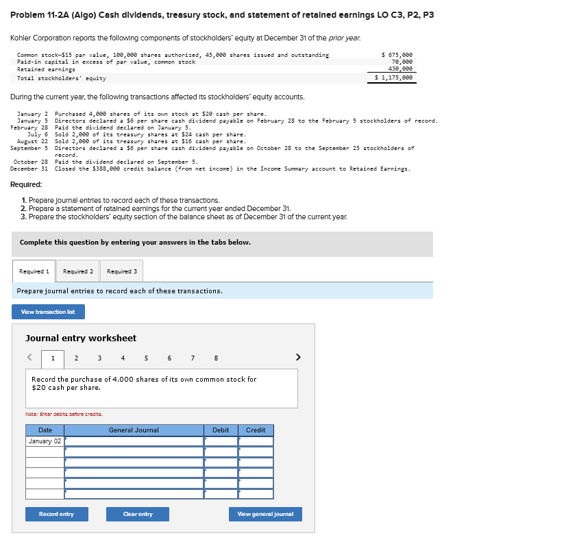 Solved Problem 11-2A (Algo) ﻿Cash dlvldends, treasury stock, | Chegg.com