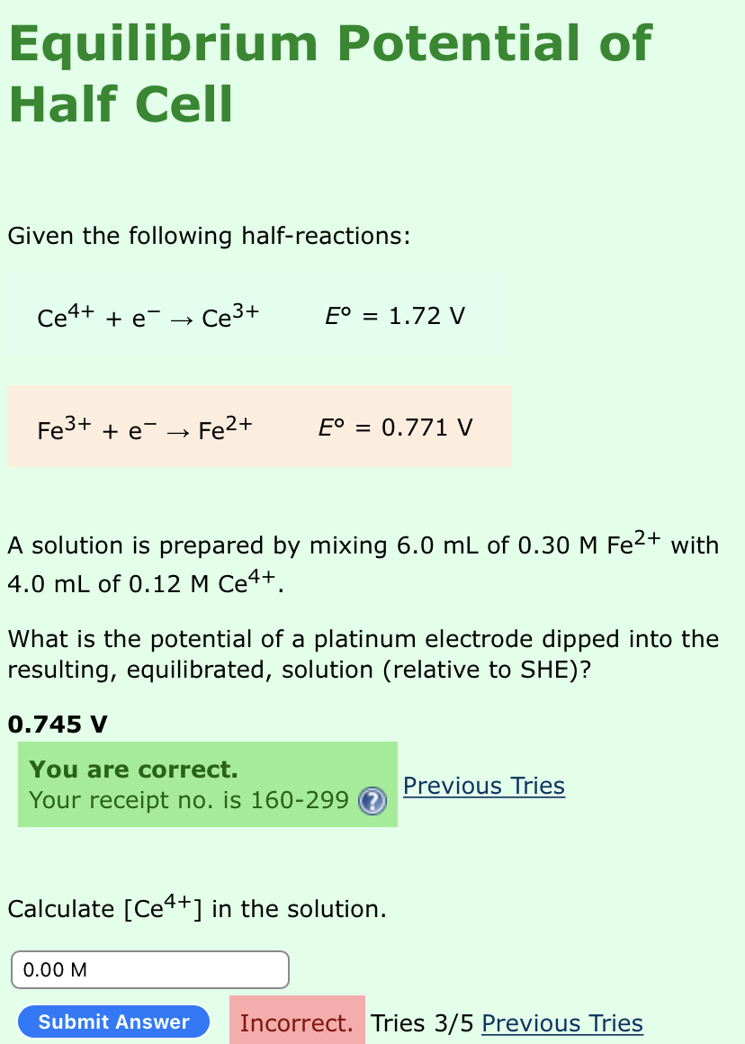 Solved Equilibrium Potential of Half Cell Given the | Chegg.com